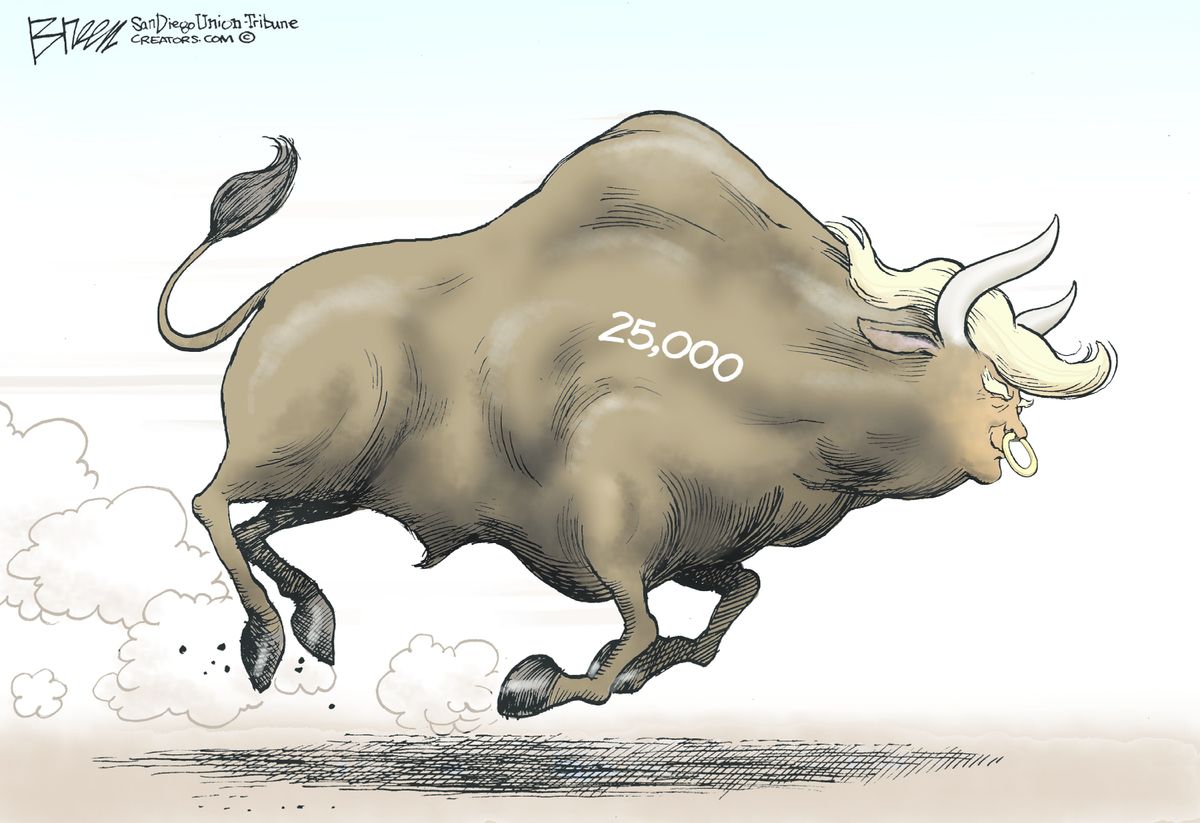 Political cartoon U.S. Trump Dow Jones record stocks economy | The Week