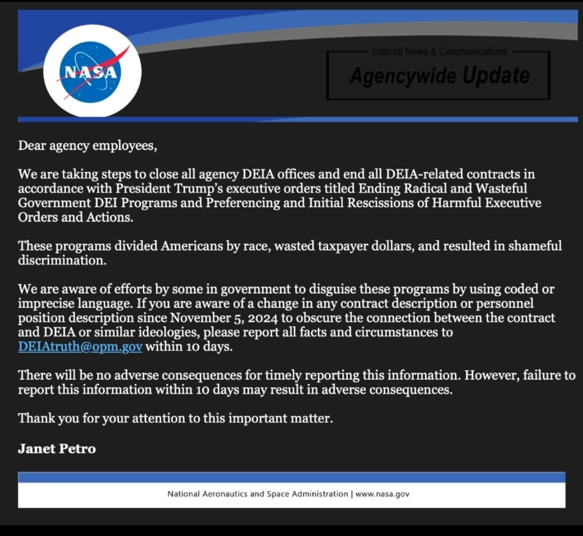 Trump orders interim NASA chief to end DEI initiatives | Space
