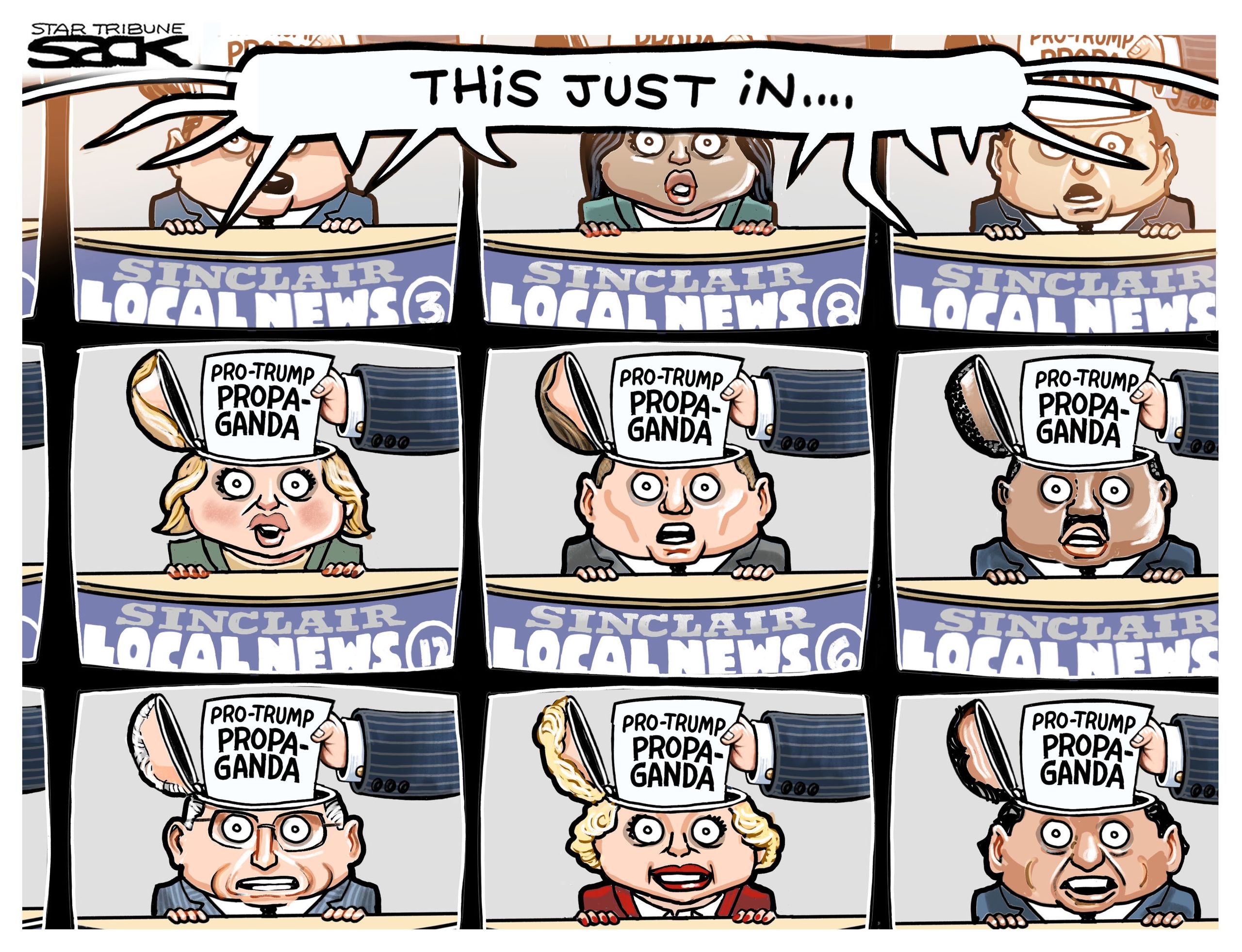 Political cartoon U.S. Trump Sinclair propaganda | The Week