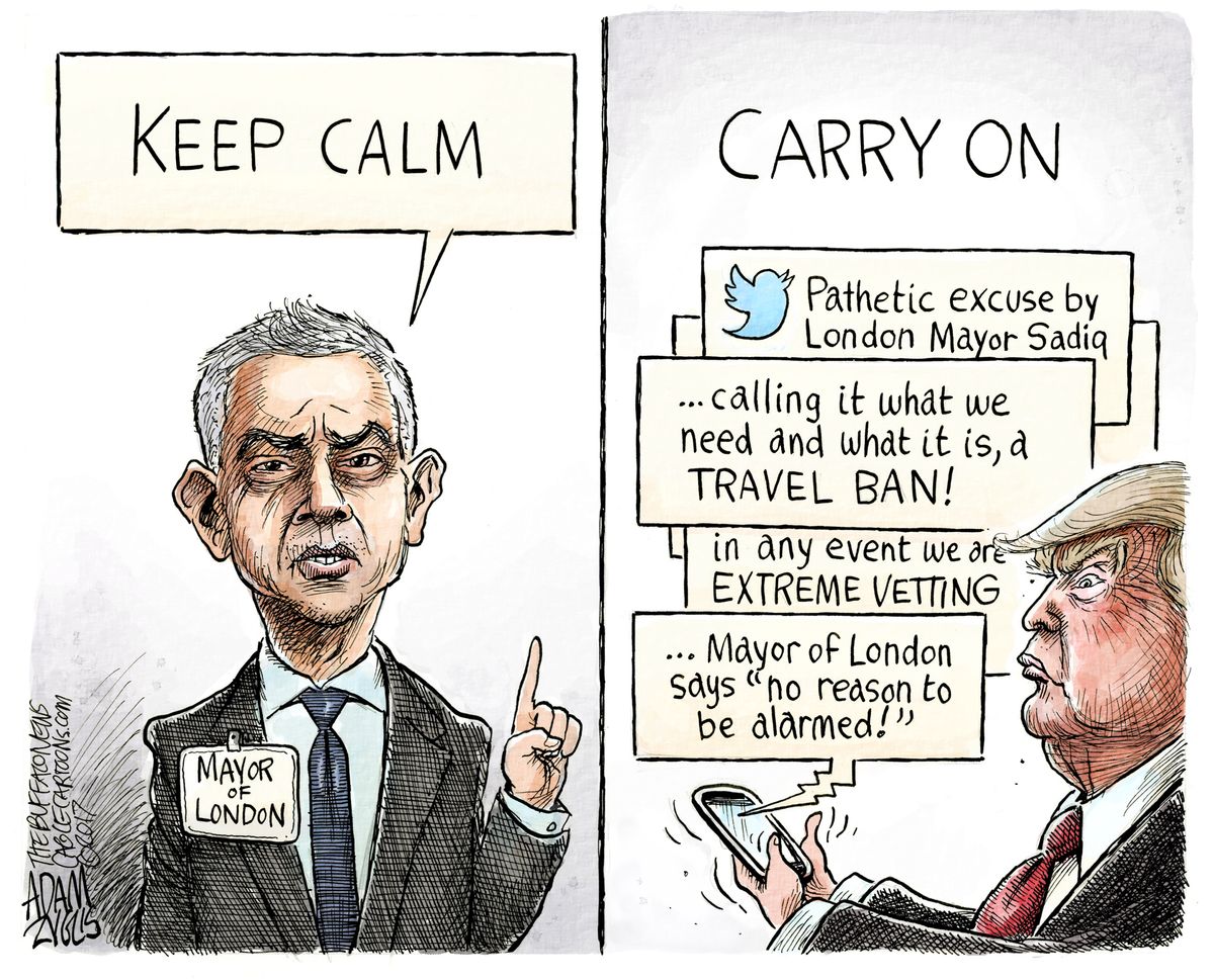 Political cartoon U.S. London attack Sadiq Khan keep calm Trump tweets ...