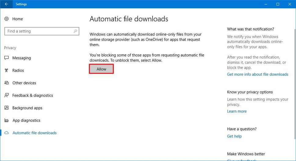 How to unblock apps to download files stored in the cloud on Windows 10 ...