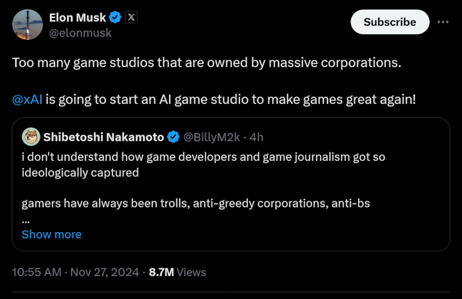 Elon Musk says too many game studios are owned by giant corporations so ...