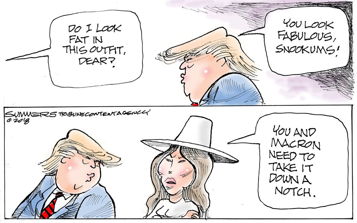 Political cartoon U.S. Trump Macron visit hugging Melania | The Week