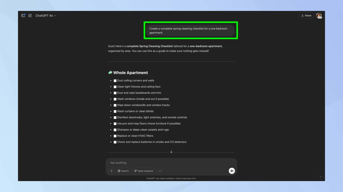 How to create a spring cleaning schedule using ChatGPT | Tom's Guide
