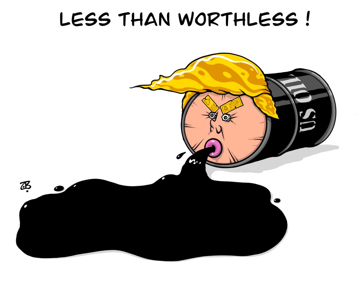 Political Cartoon U.S. oil becomes less than 0 dollars worthless Trump ...