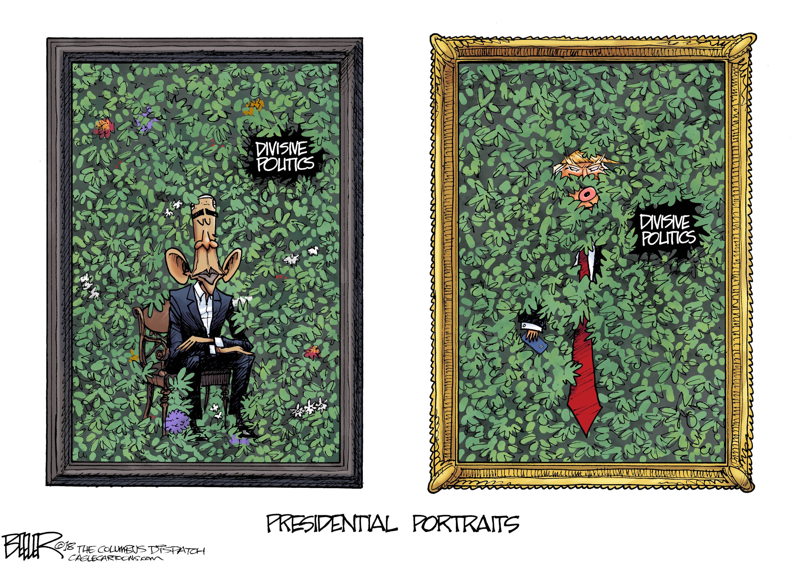 Political cartoon U.S. Obama portrait Trump divisive politics | The Week