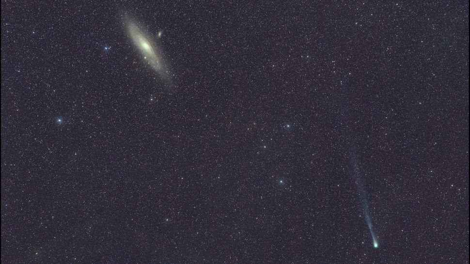Watch the exploding green 'devil comet' zoom past the Andromeda Galaxy ...