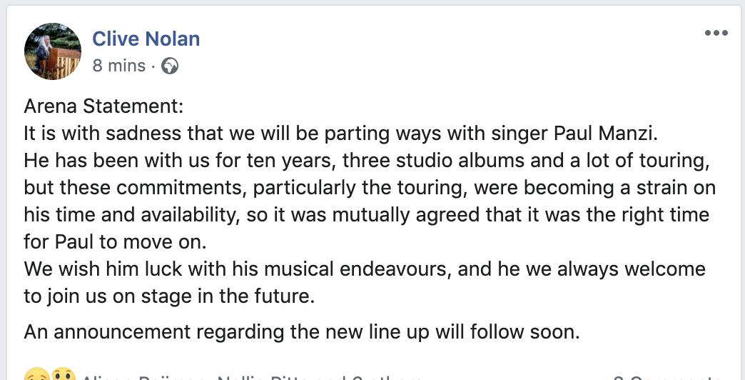 Paul Manzi leaves Arena | Louder