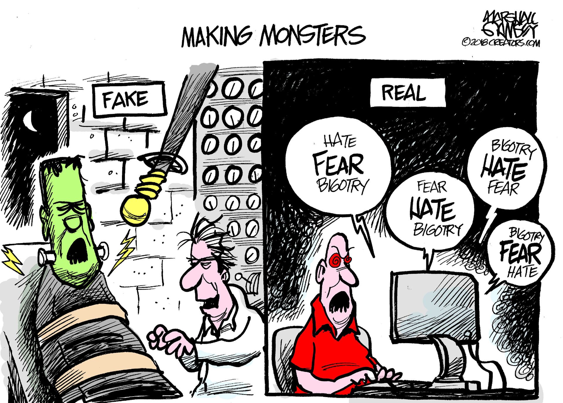 Political cartoon U.S. Halloween making monsters Frankenstein internet ...