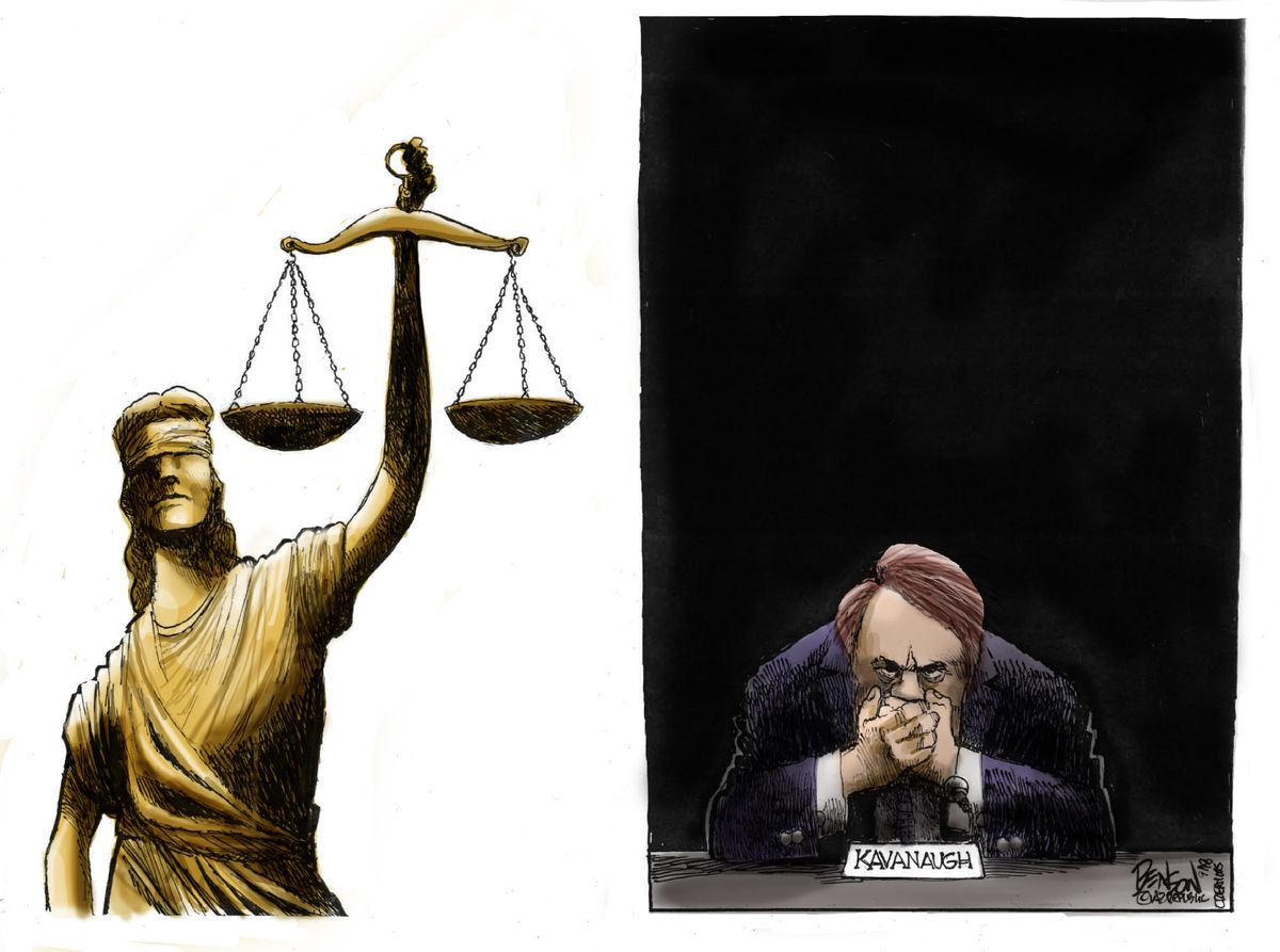 Political cartoon U.S. Brett Kavanaugh hearing Lady Justice | The Week