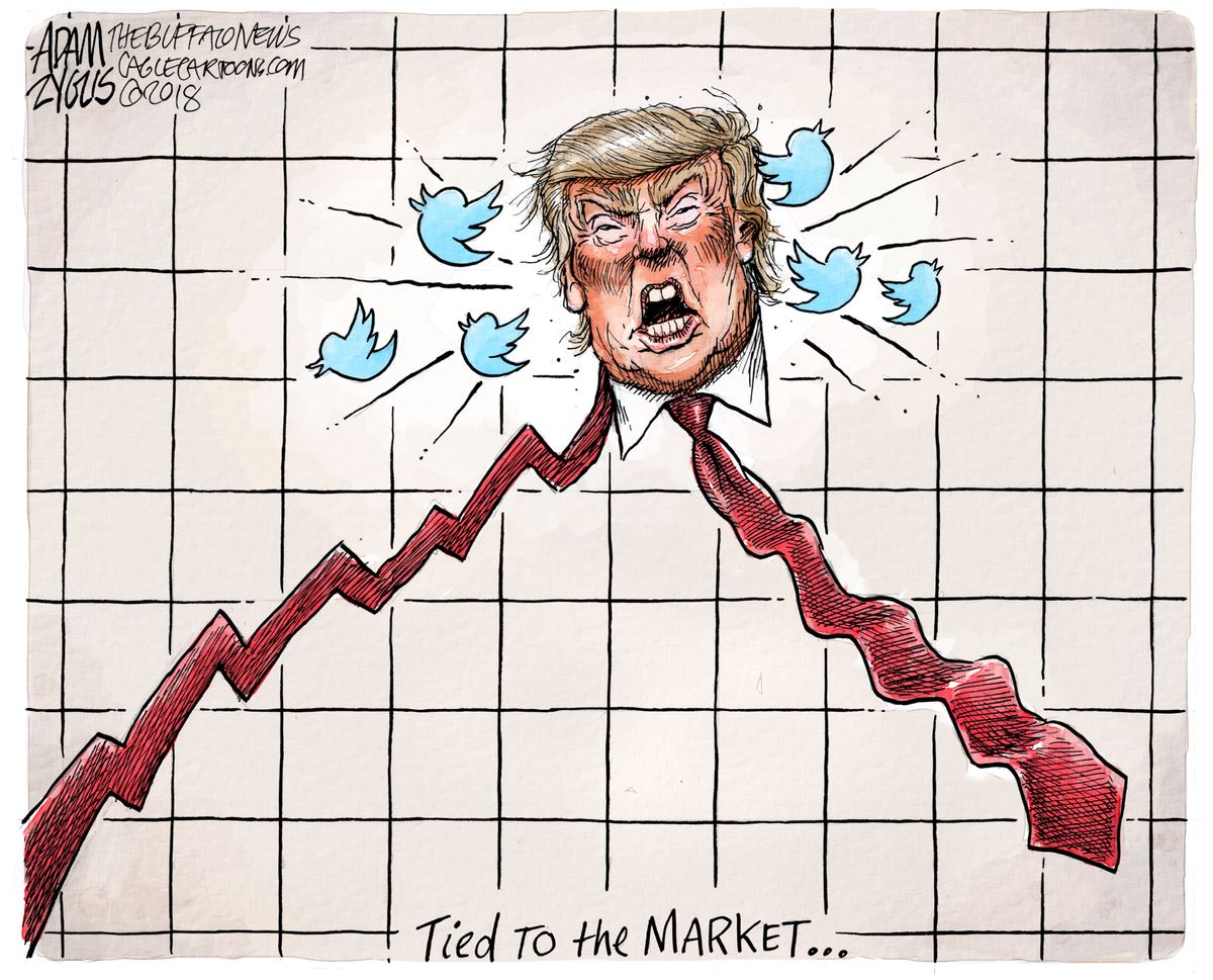 Political cartoon U.S. Trump tweets market crash trade war tariffs ...