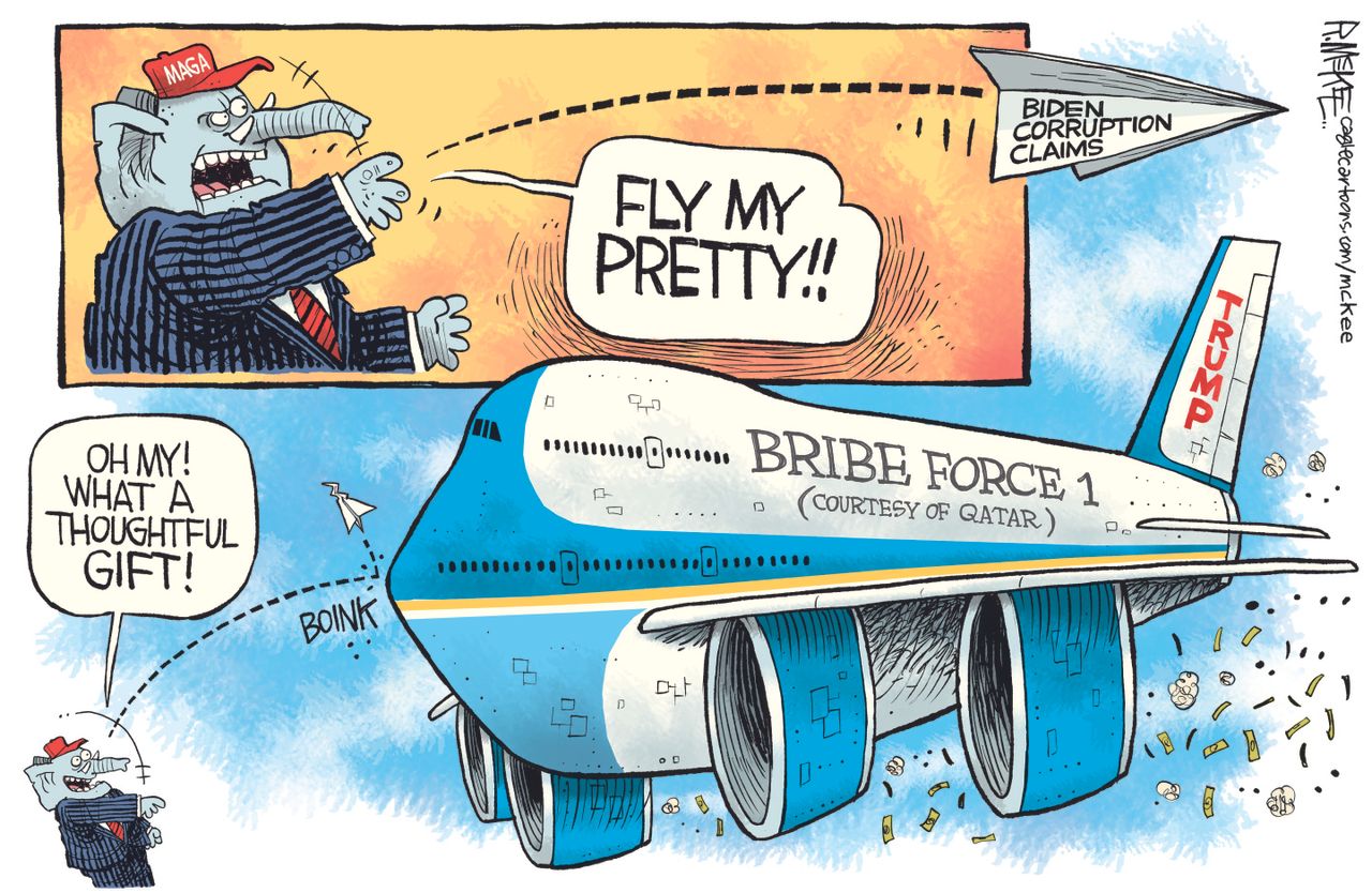 5 jumbo-sized political cartoons about Qatar's 'gift' to Donald Trump ...