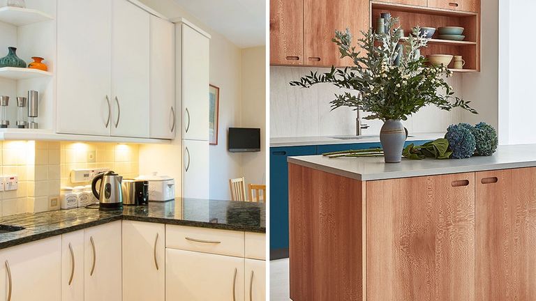 Retro plywood kitchen makeover with blue doors and Corian worktops ...