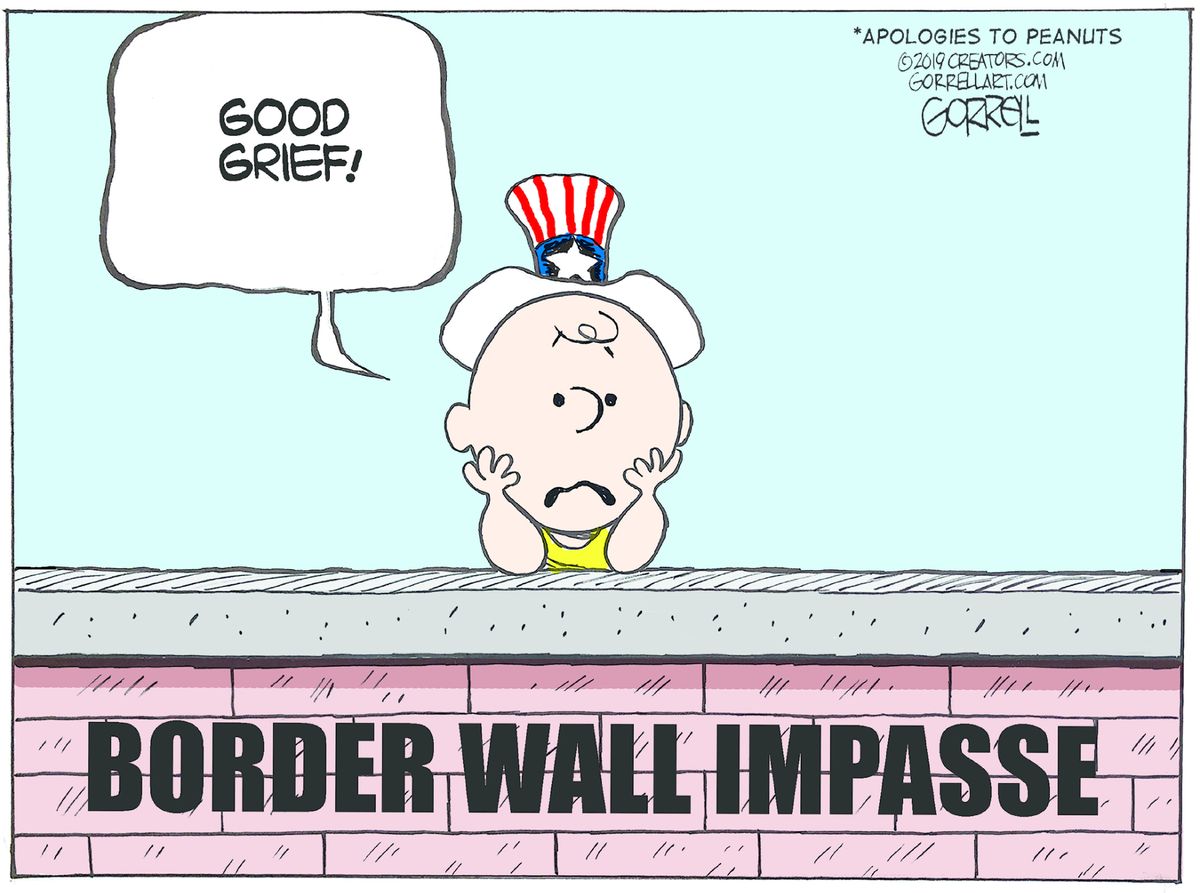 Political cartoon U.S. Trump wall government shutdown Charlie Brown ...