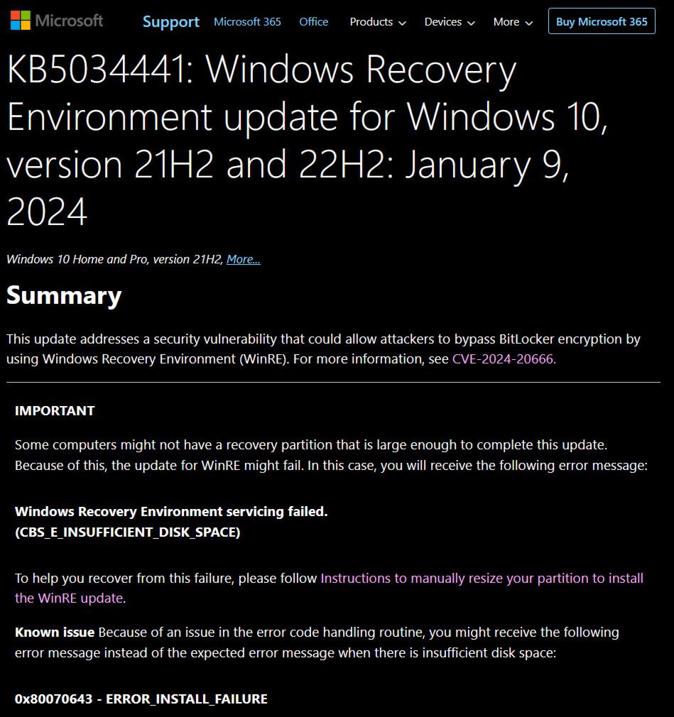 Microsoft KB5034441 Windows 10 security patch for BitLocker bypass is leading to errors and has ...