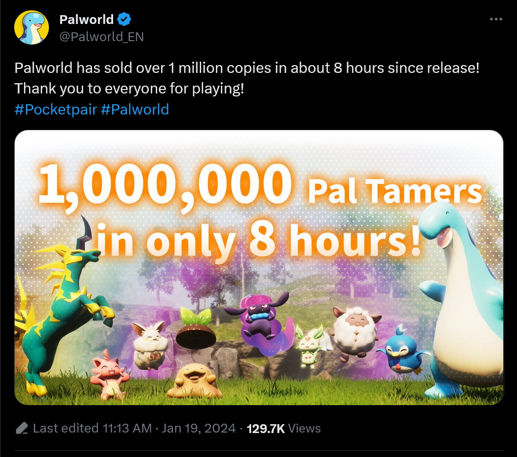 Palworld sells 1 million copies in just 8 hours, and the servers are ...