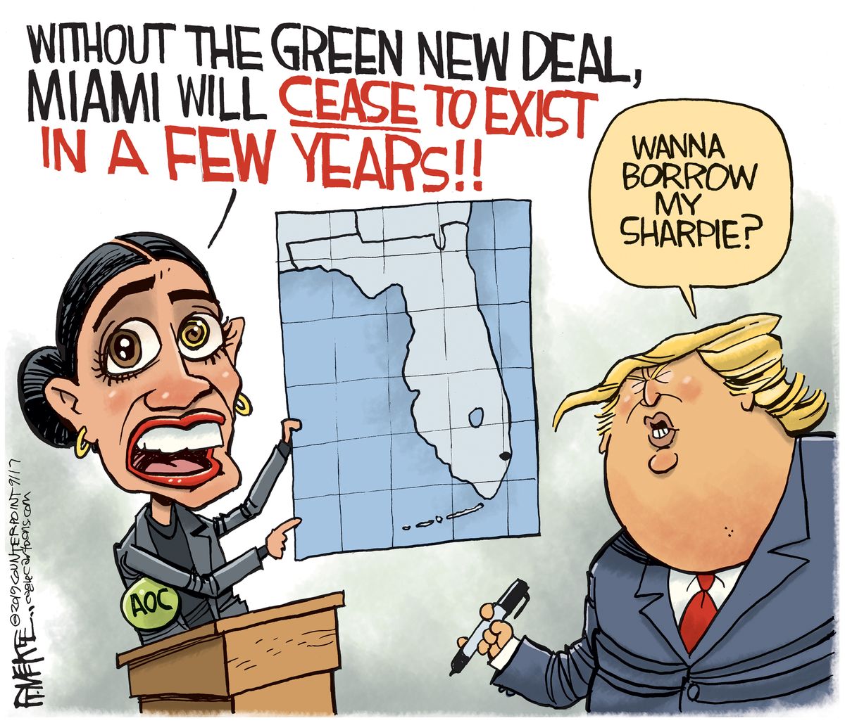 Political Cartoon U.S. Trump AOC Trump Miami Map Sharpie | The Week