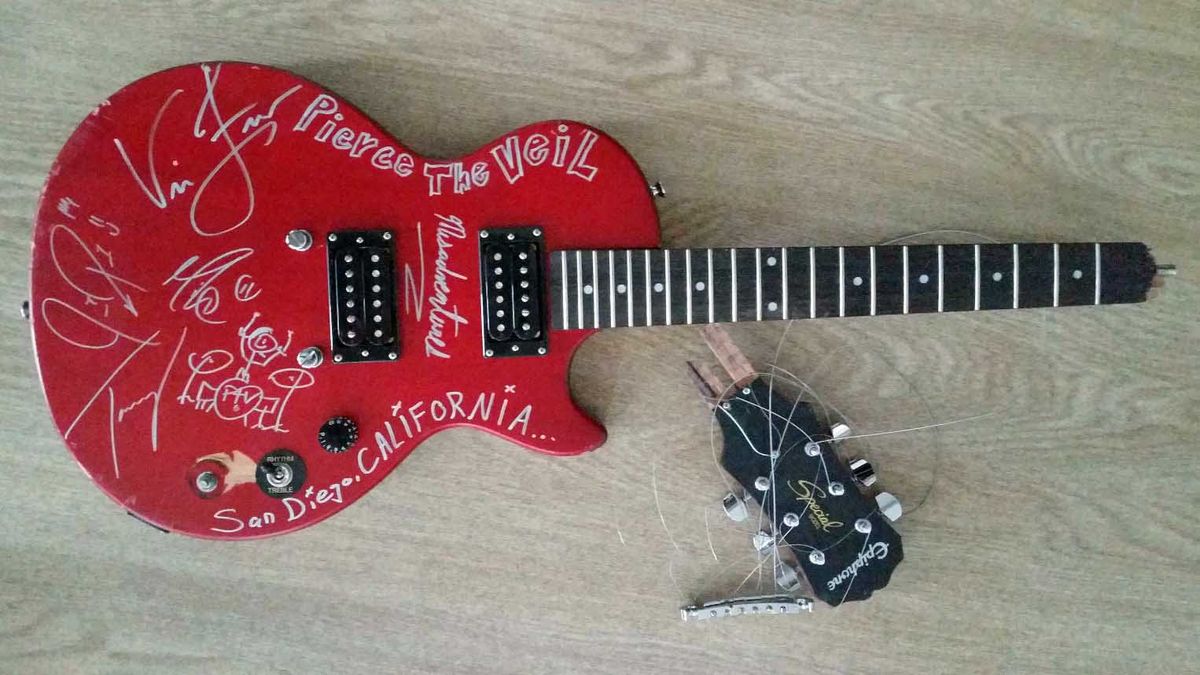 Pierce The Veil auction signed smashed guitar in aid of Teenage Cancer ...
