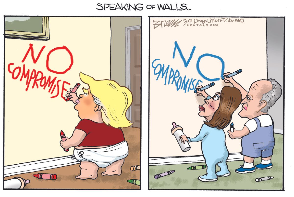 Political cartoon U.S. Trump Nancy Pelosi Chuck Schumer wall government ...