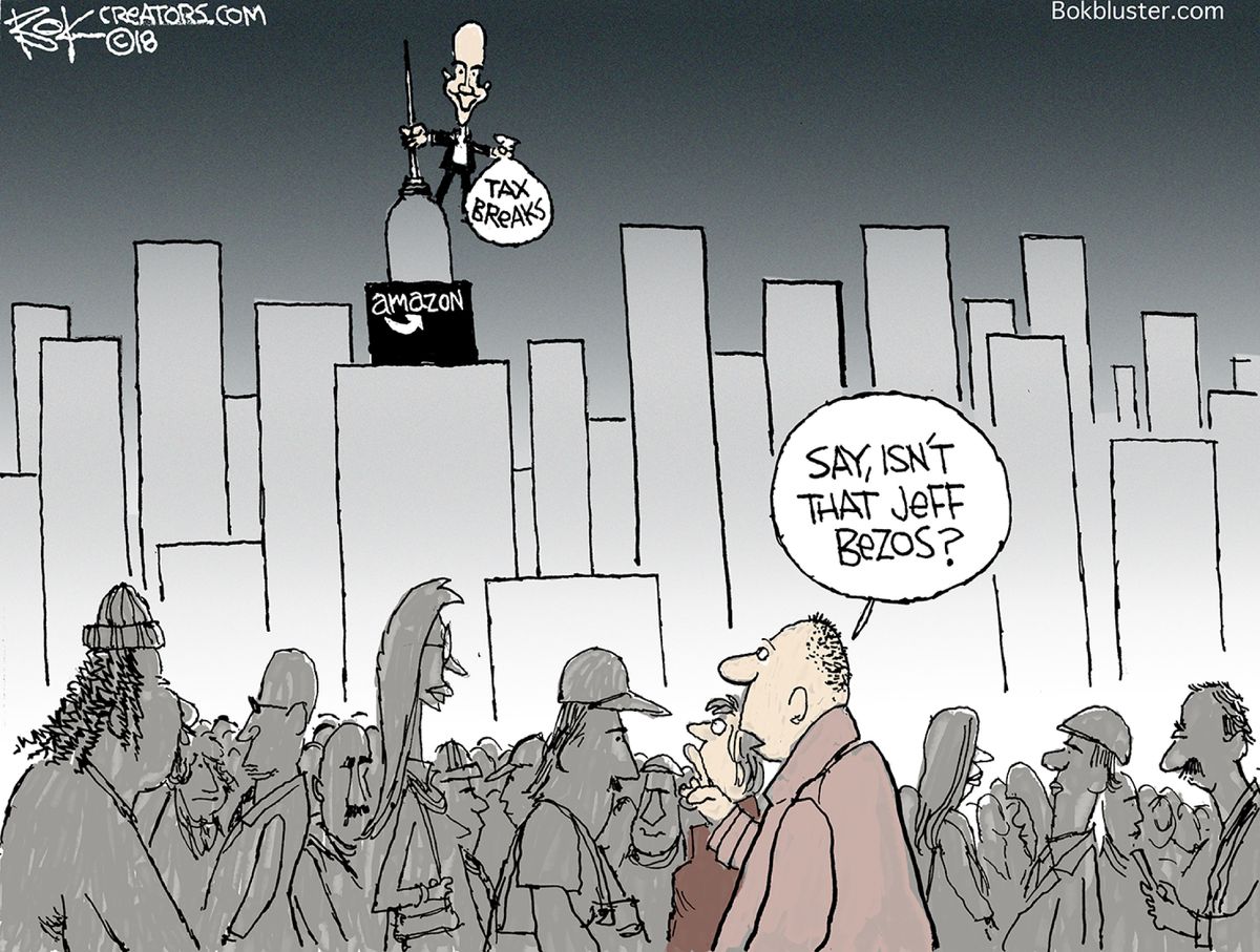 Editorial cartoon U.S. Amazon HQ2 NYC Long Island City Jeff Bezos tax ...