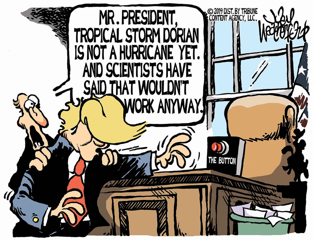 Political Cartoon Trump Red Button Hurricane Dorian Nukes | The Week