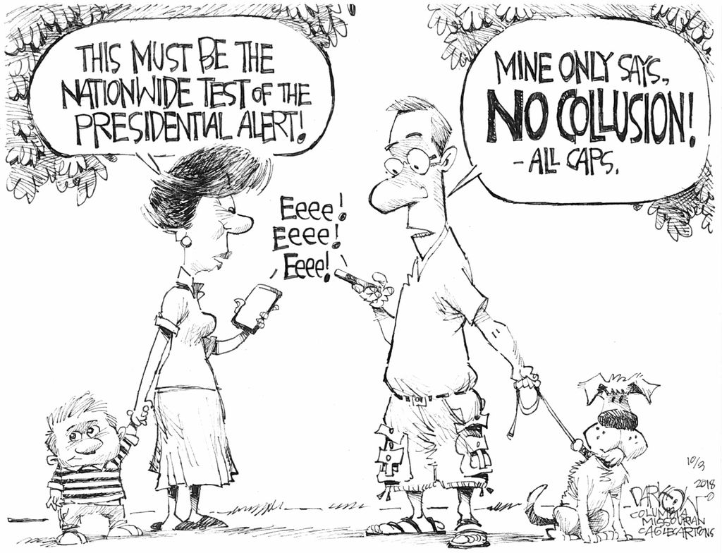 Political cartoon U.S. FEMA presidential alert Trump no collusion | The ...