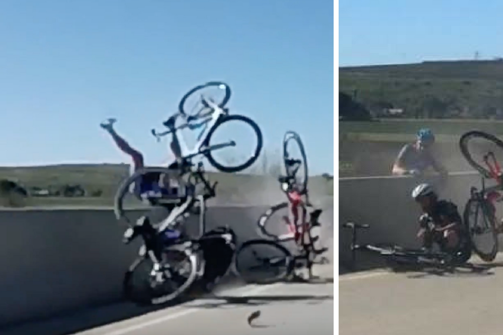 Watch: Rider forced to cling to side of bridge above 30ft ravine after ...