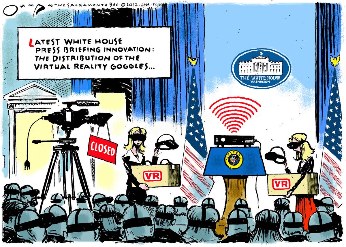 Political cartoon U.S. White House press briefing virtual reality ...