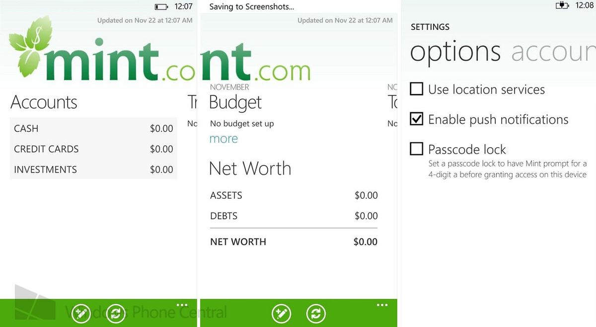 Screenshots of official Mint.com app for Windows Phone revealed ...