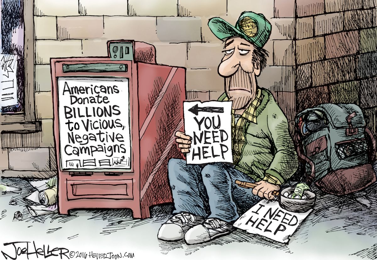 Editorial cartoon U.S. 2016 election donations homeless person | The Week