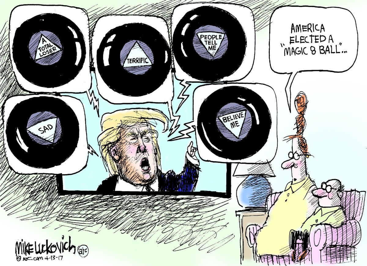 Political Cartoon U.S. President Trump lies believe me magic 8 ball ...