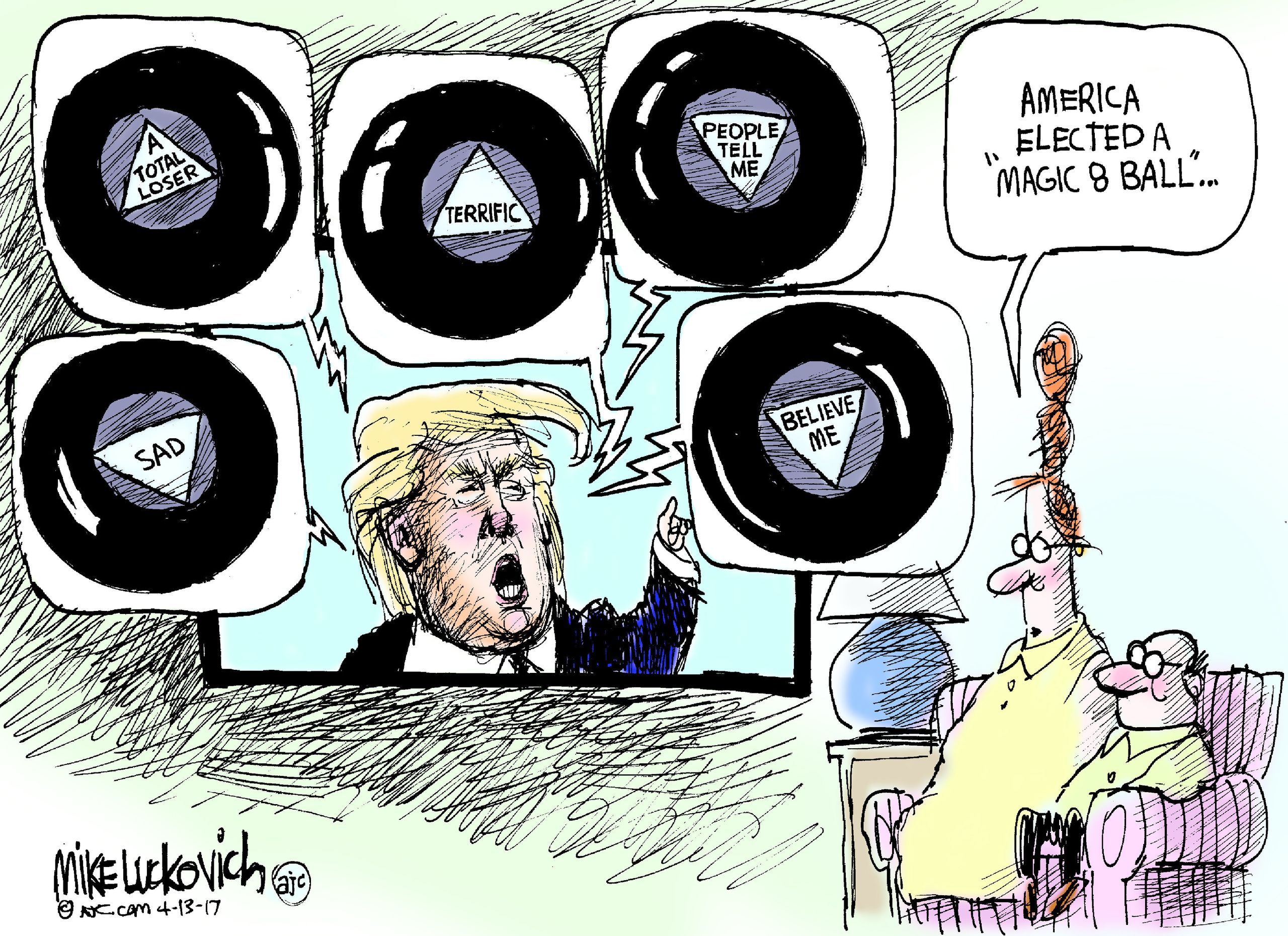 Political Cartoon U.S. President Trump lies believe me magic 8 ball ...