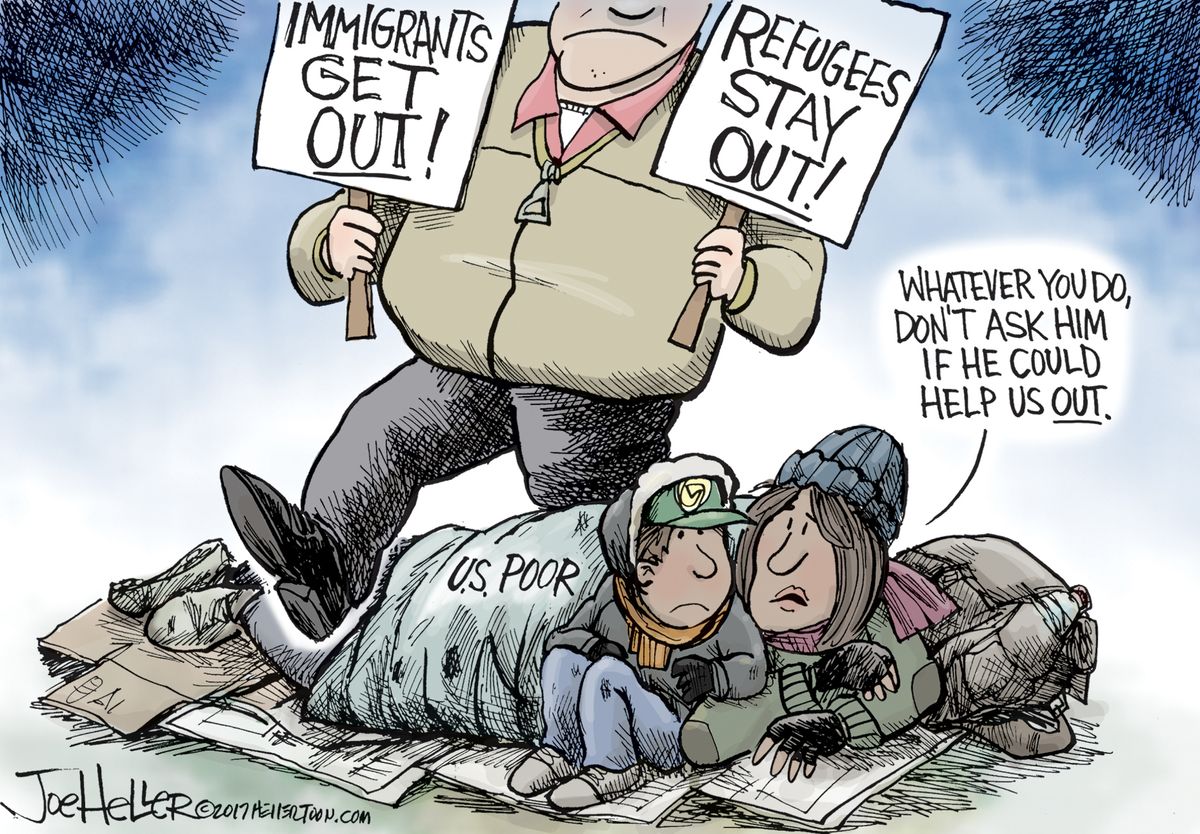 Editorial Cartoon U.S. Anti-refugee anti-immigrant protestors American ...