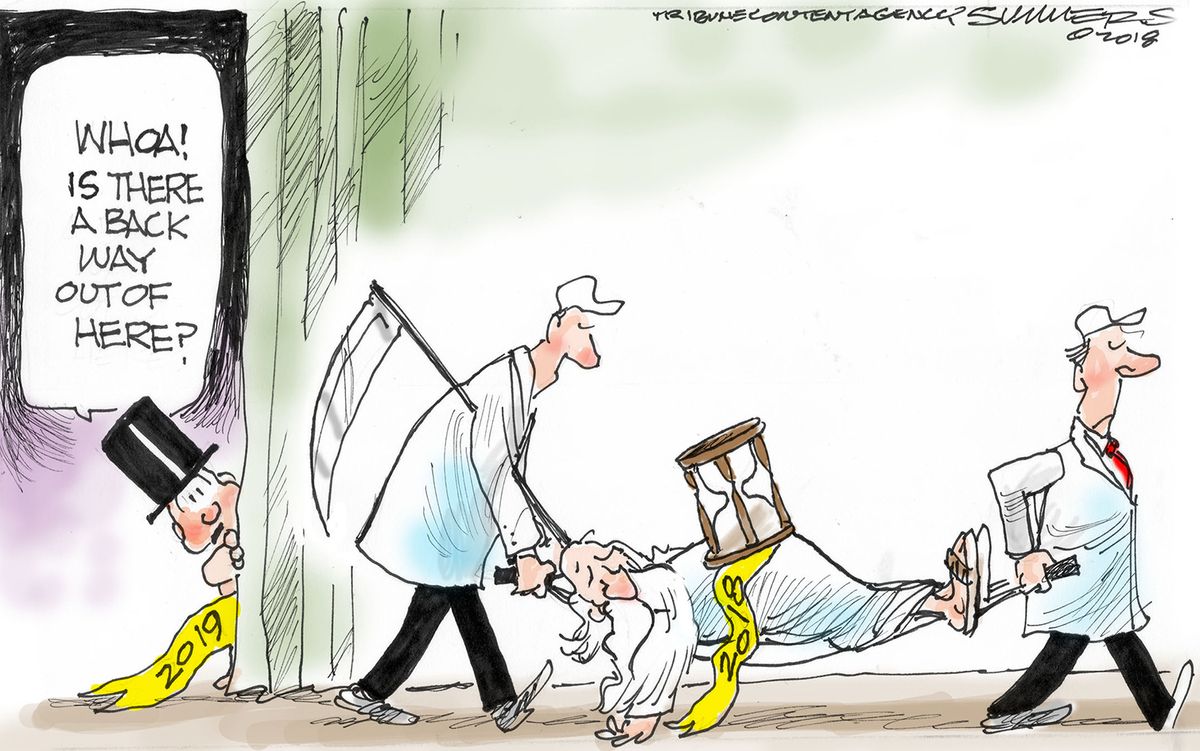 Editorial cartoon world passage of time 2018 2019 new year back way out ...