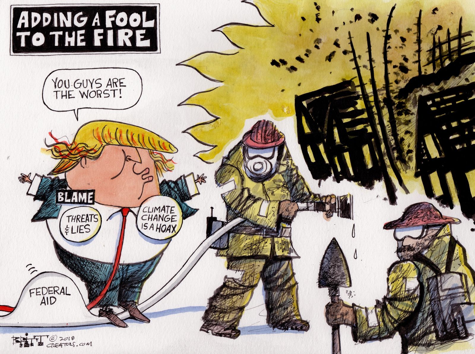 Political cartoon U.S. Trump California fires blame threats lies ...