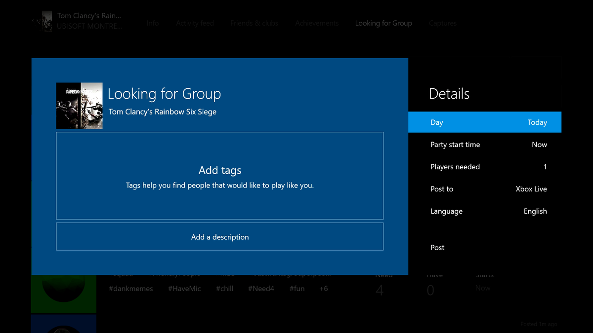 How to create a Looking for Group post on Xbox One and Windows 10 ...