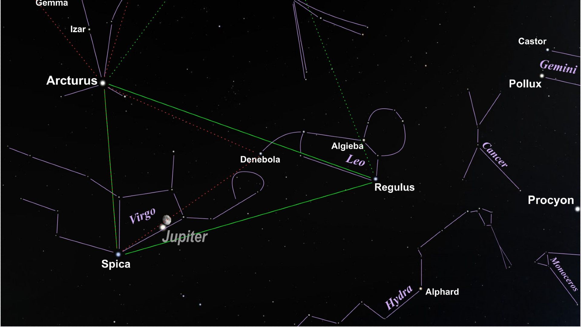 See the stars of the Spring Triangle reach high in the sky this month ...