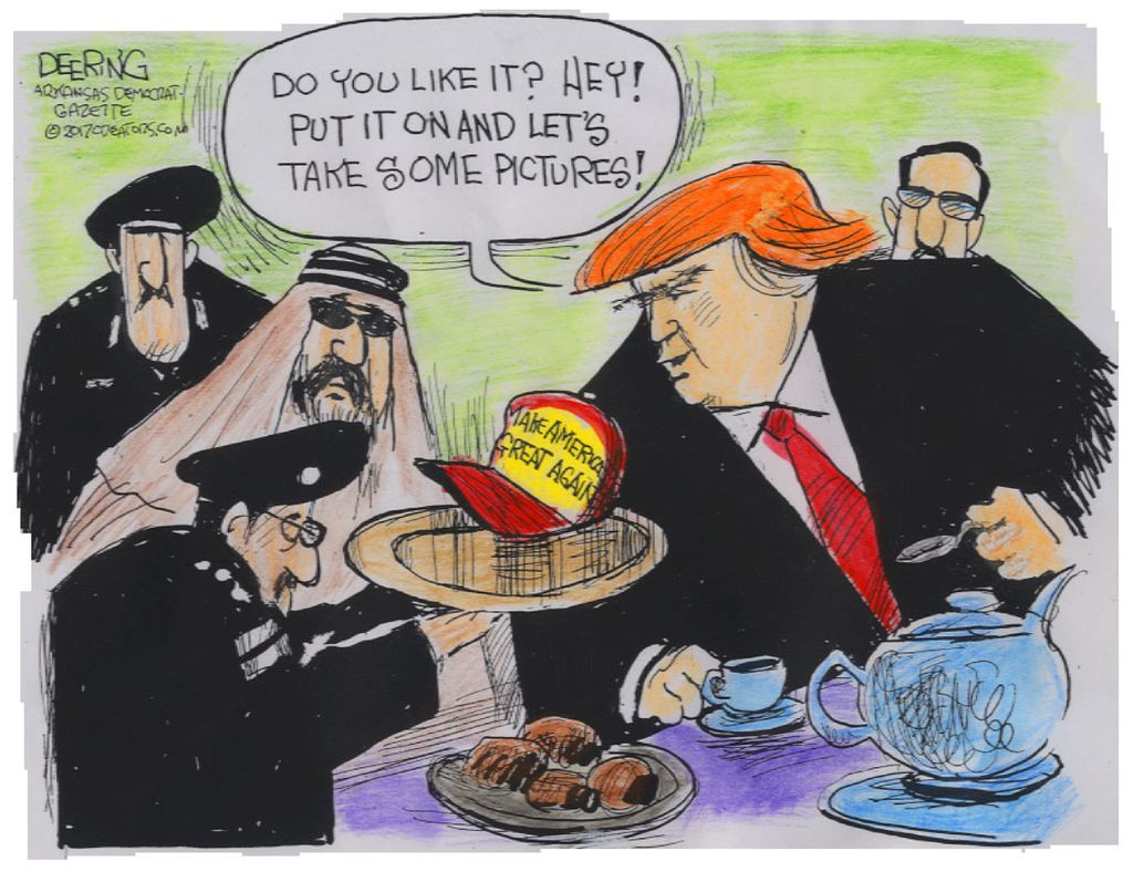 Political cartoon U.S. Trump abroad Saudi Arabia MAGA hat | The Week