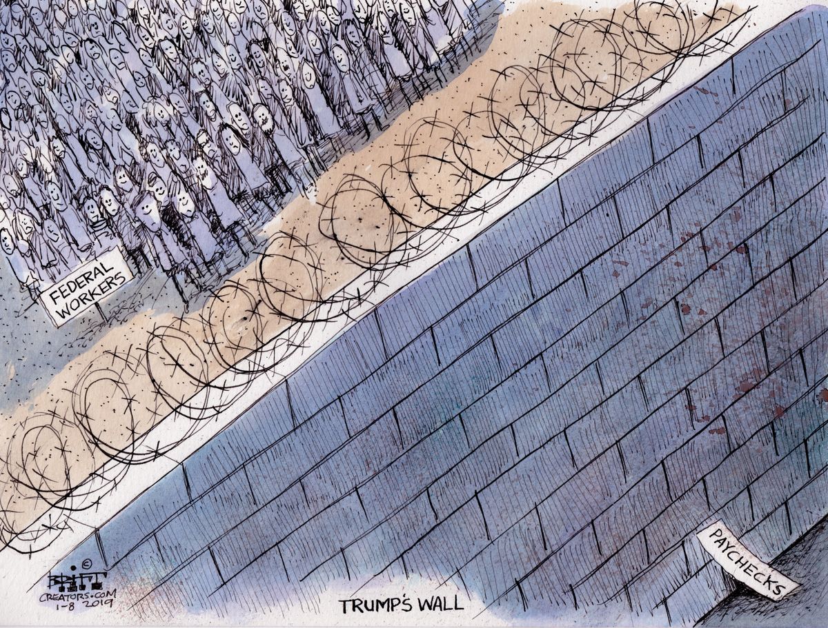 Political cartoon U.S. Trump wall government shutdown federal workers ...