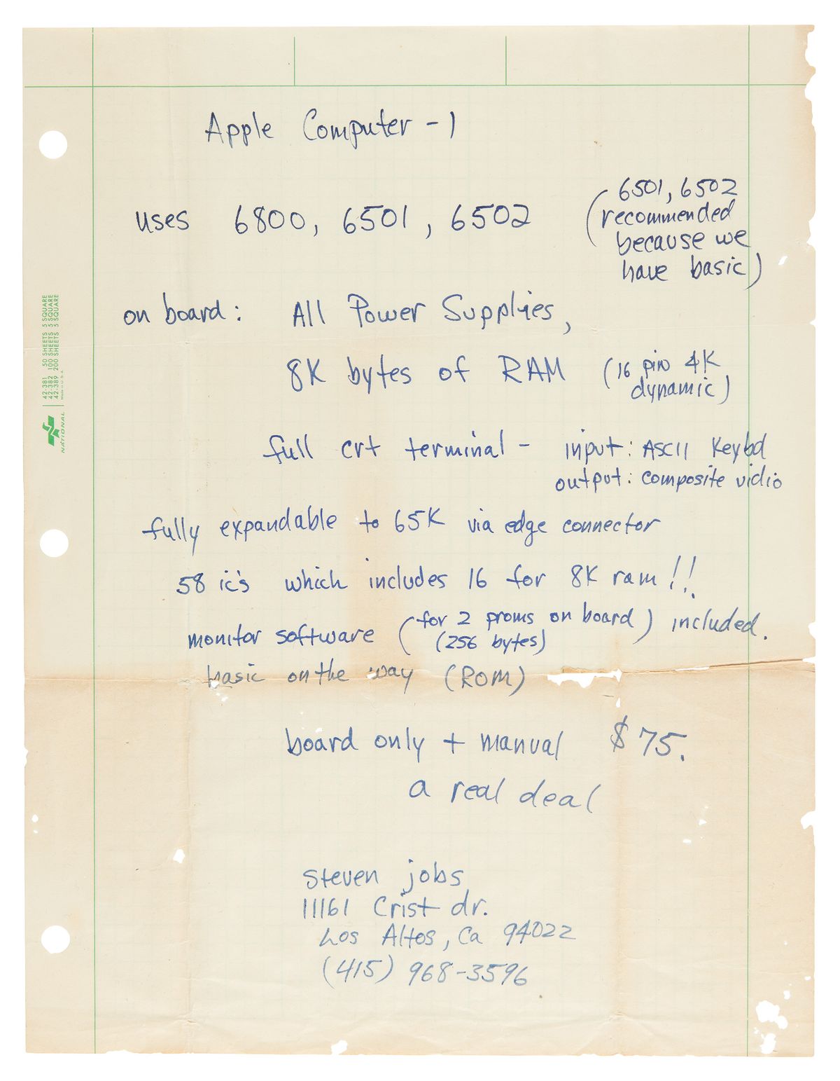 Steve Jobs' handwritten Apple-1 advertisement sells for $175k at ...