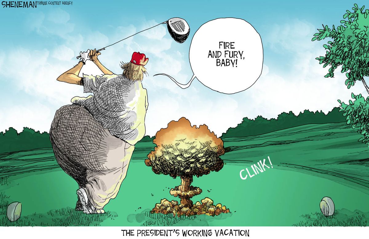 Political cartoon U.S. Trump working golf vacation North Korea nuclear ...