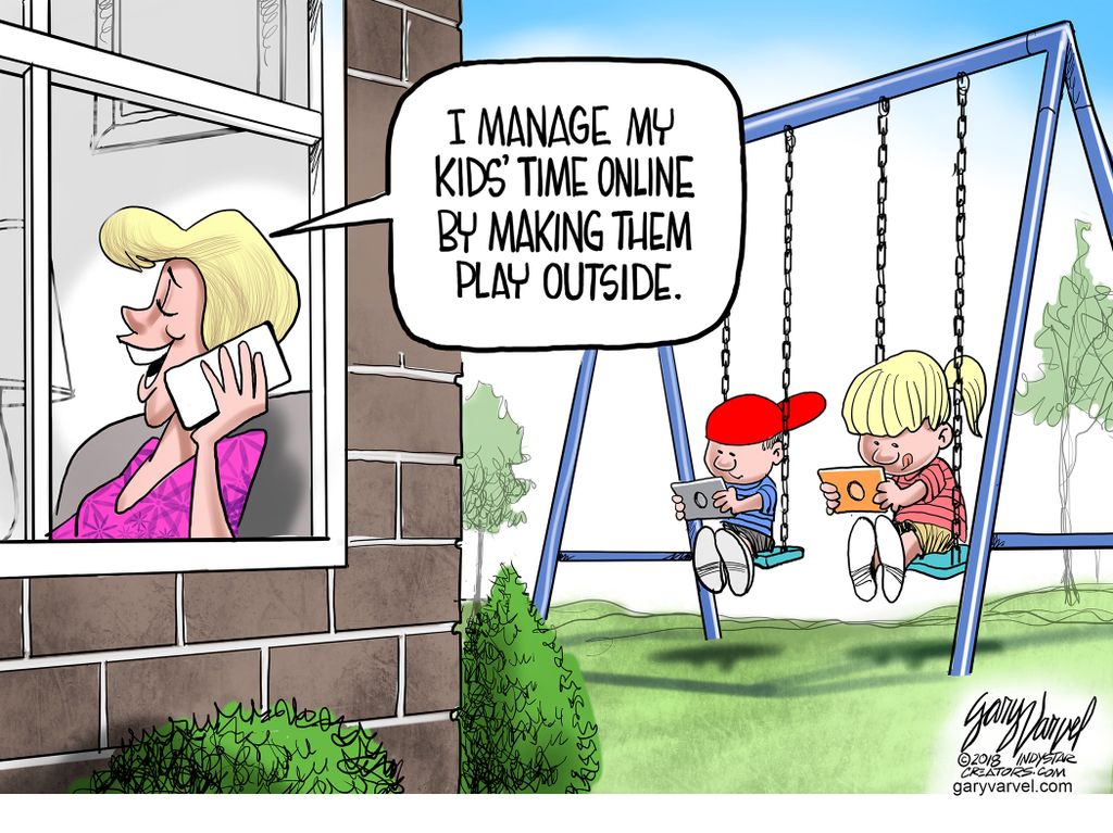 Editorial cartoon U.S. Parenting kids technology phones play outside ...