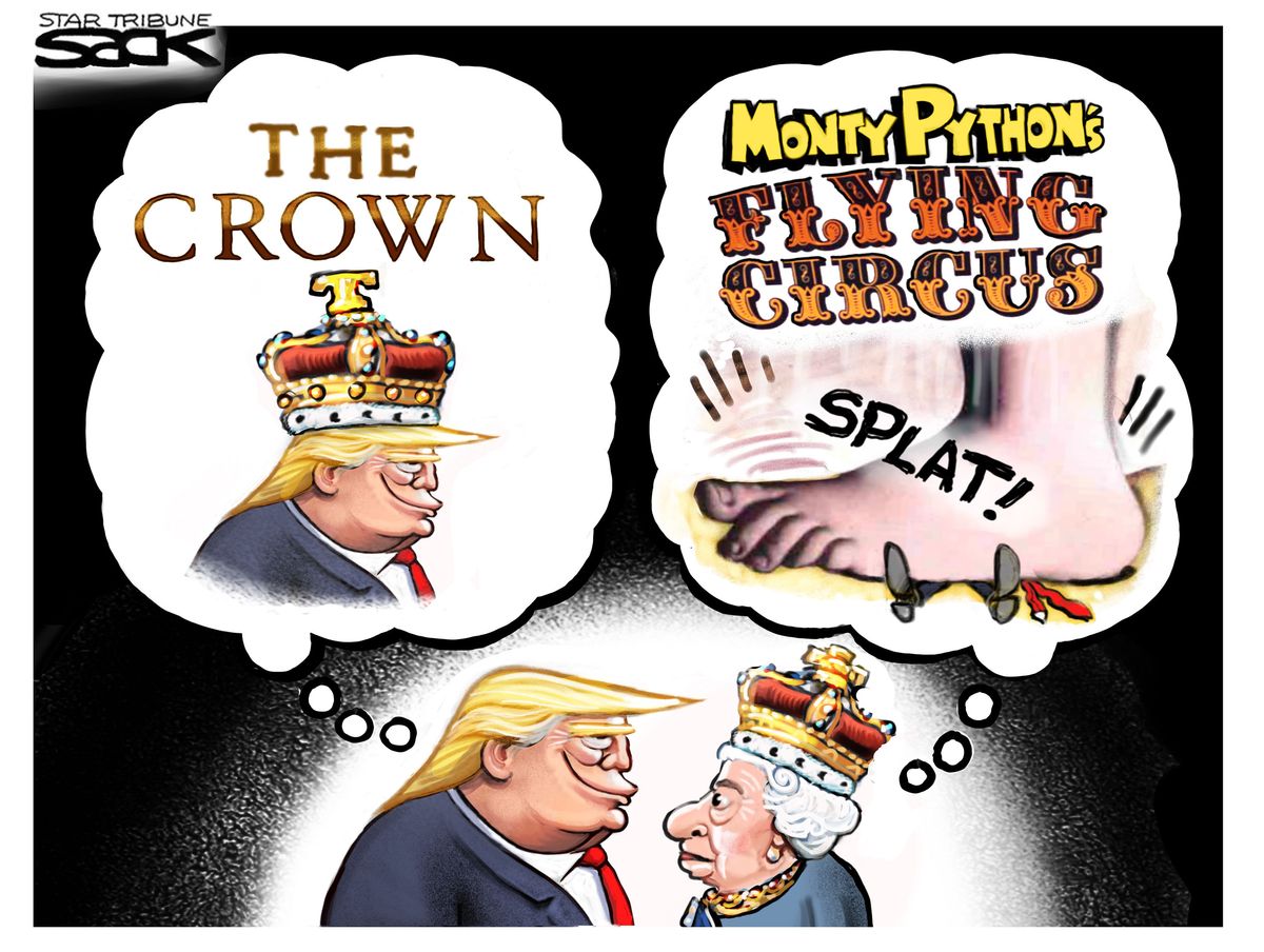 Political Cartoon U.S. Monty Python Trump Queen Elizabeth State Visit ...