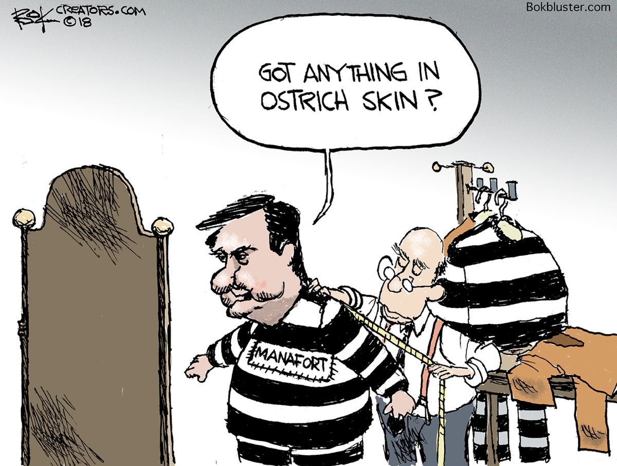Political cartoon U.S. Paul Manafort prison uniform ostrich skin | The Week