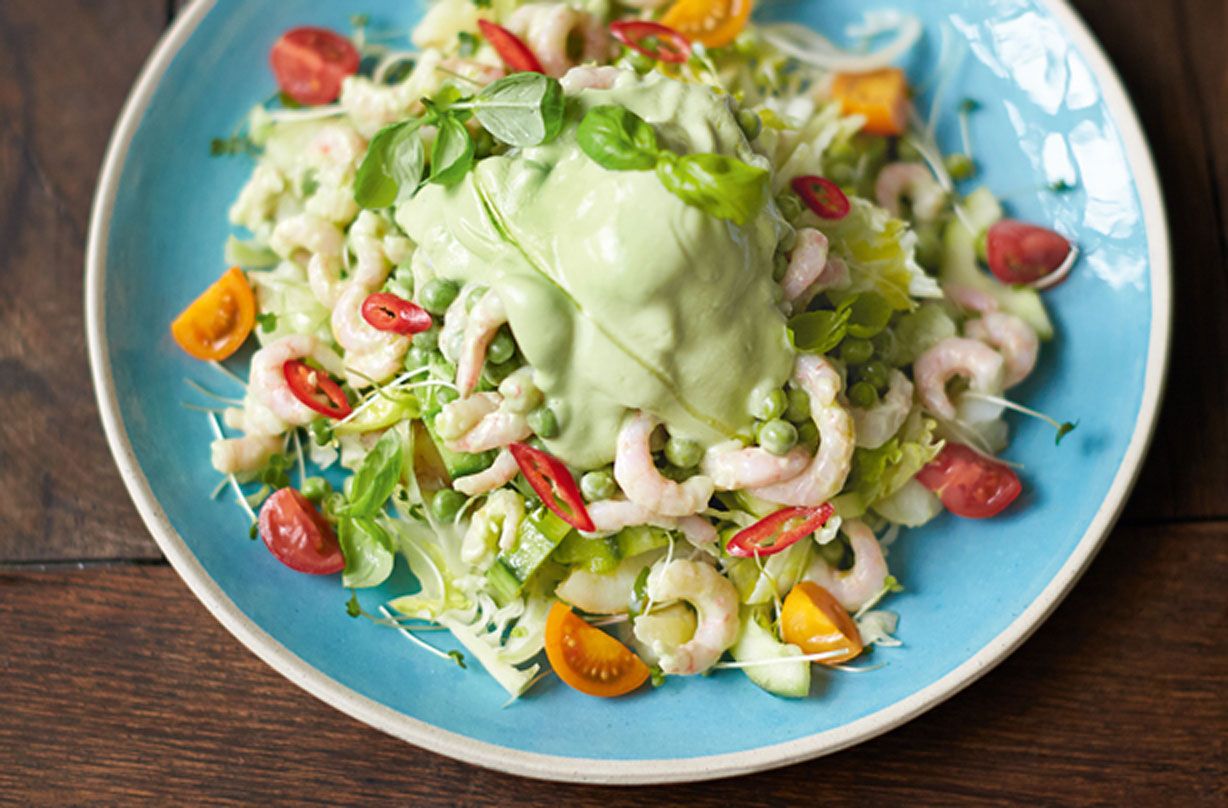 Jamie Oliver's prawn & avo cocktail salad, new potatoes, crunchy veg ...