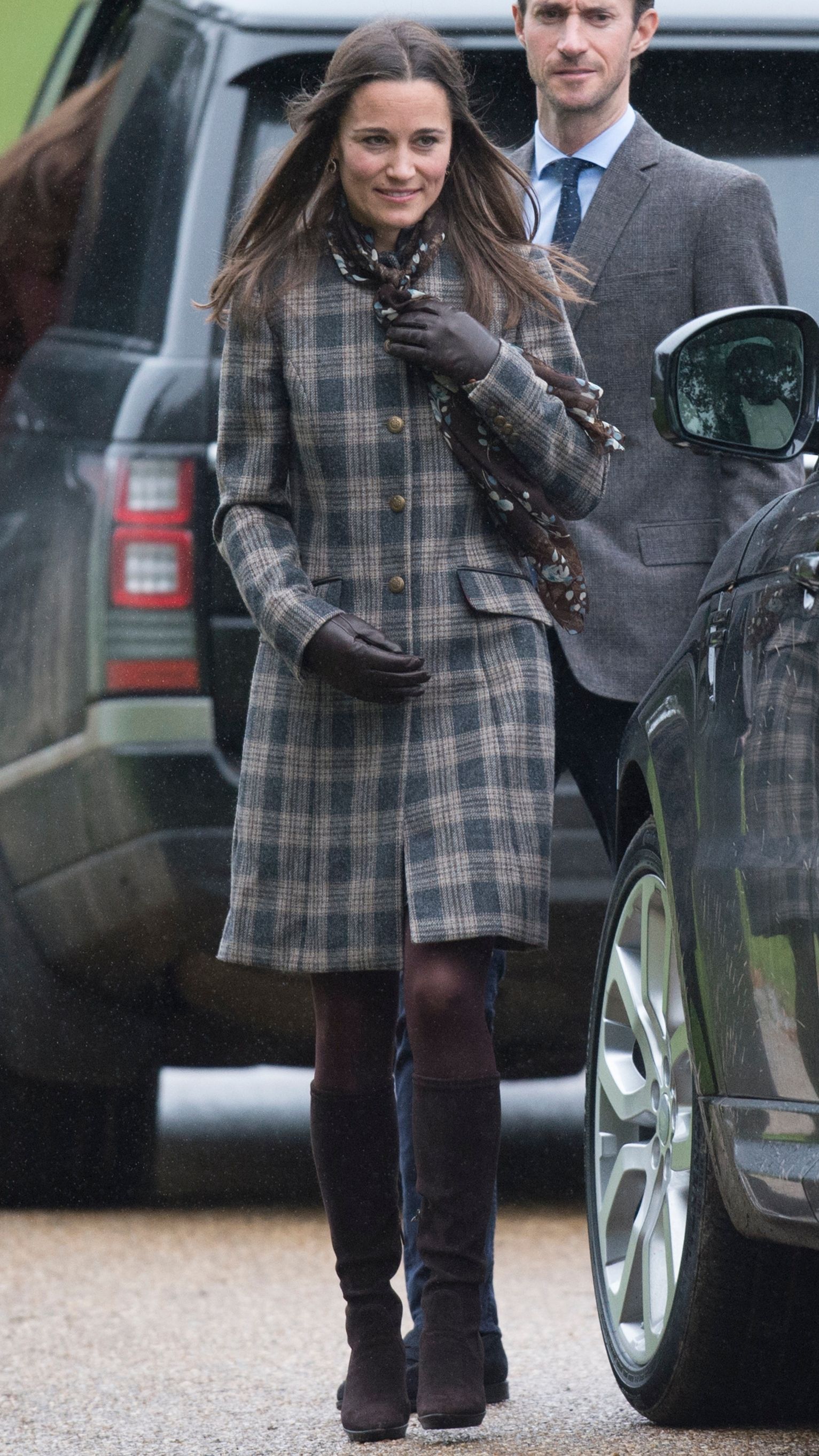 Pippa Middleton’s traditional checked coat and brown knee high boots ...
