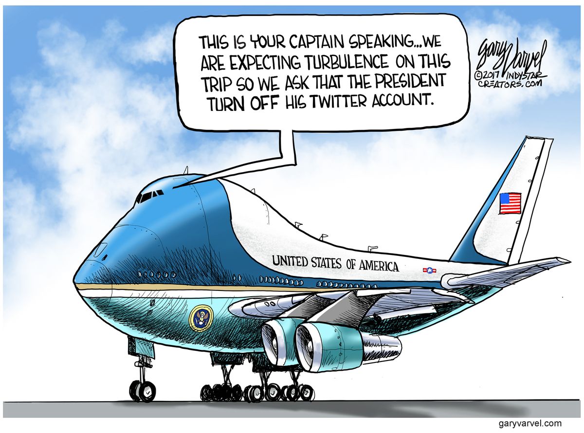 Political cartoon U.S. Trump abroad Air Force One | The Week