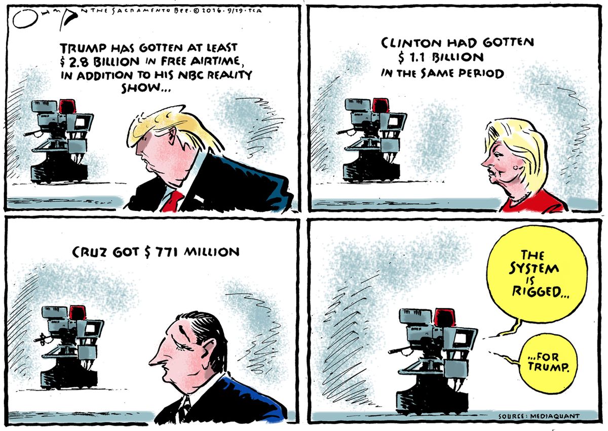 Political cartoon U.S. 2016 election media rigged bias | The Week