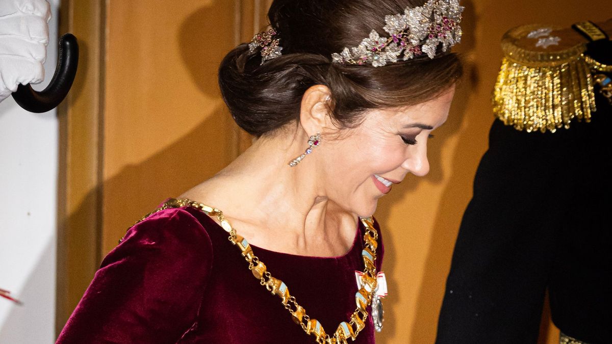 Princess Mary makes an appearance in velvet off the shoulder gown ...