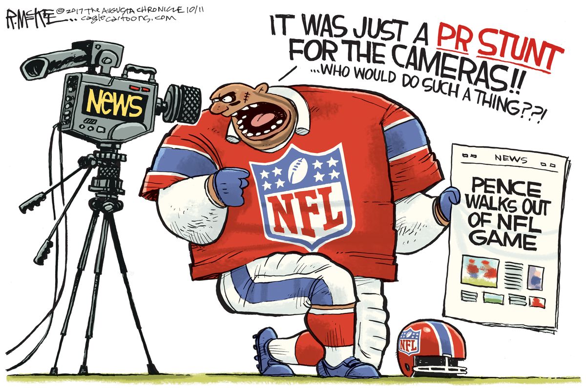 Political cartoon U.S. NFL kneeling protest Pence | The Week
